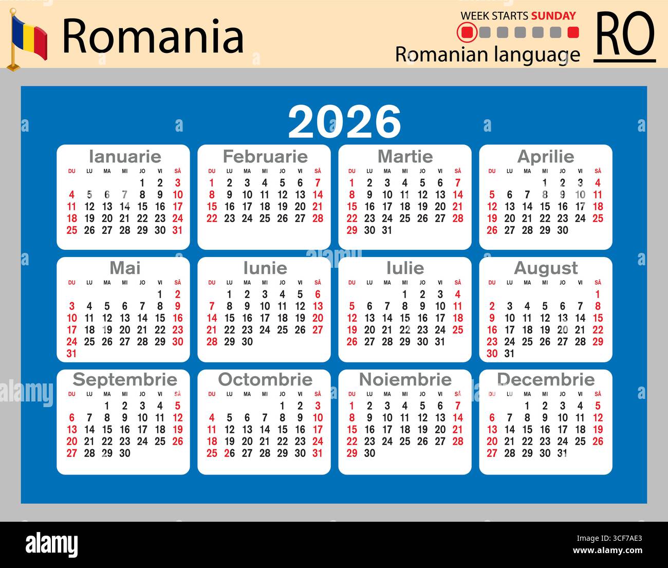 Romanian horizontal Pocket calendars for 2026 (Two thousand twenty six ...