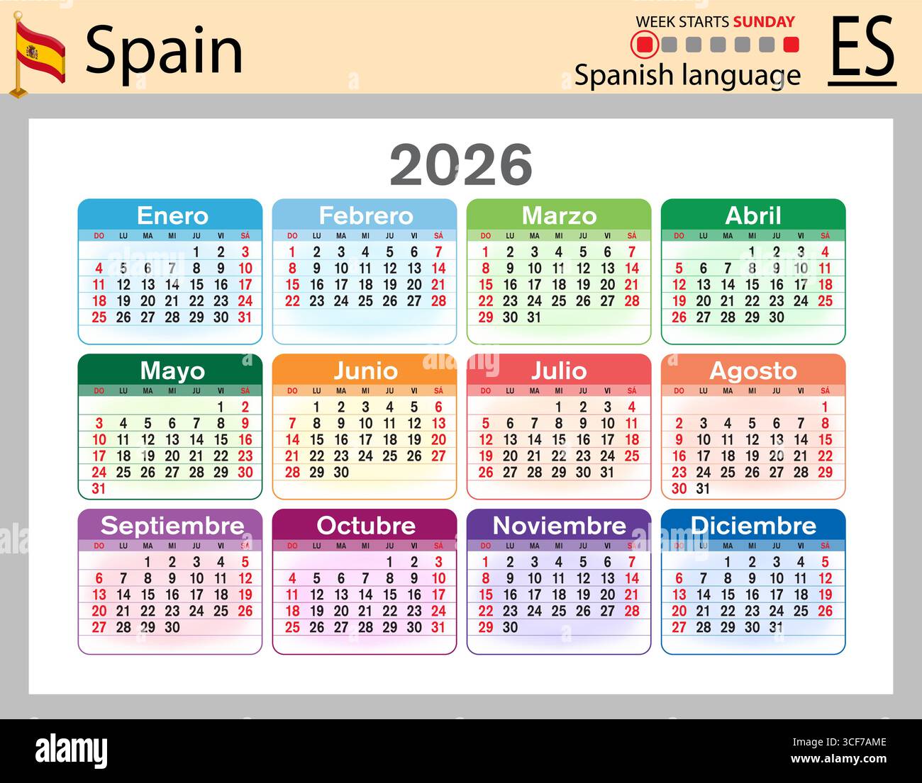 Spanish horizontal Pocket calendars for 2026 (Two thousand twenty six ...