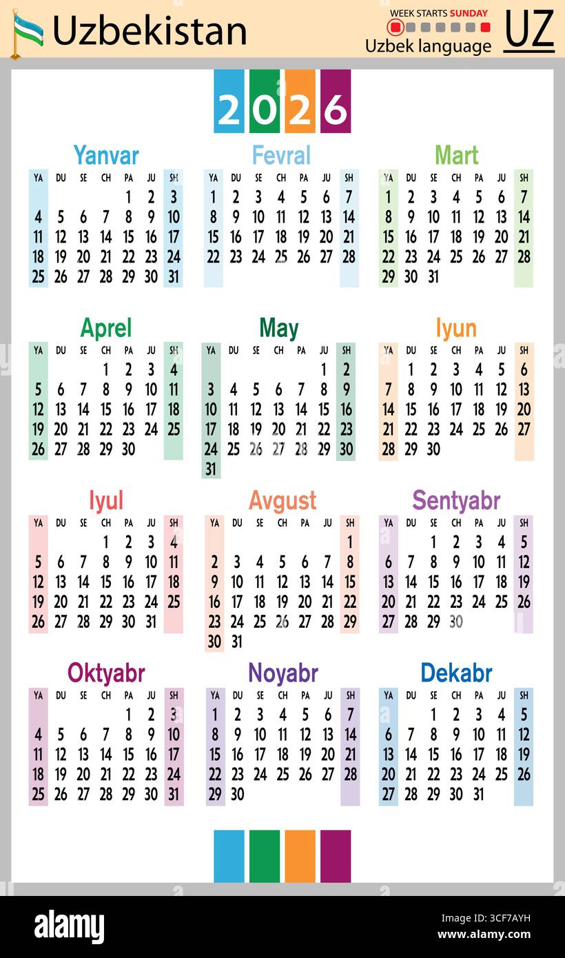Uzbek vertical Pocket calendars for 2026 (Two thousand twenty six ...