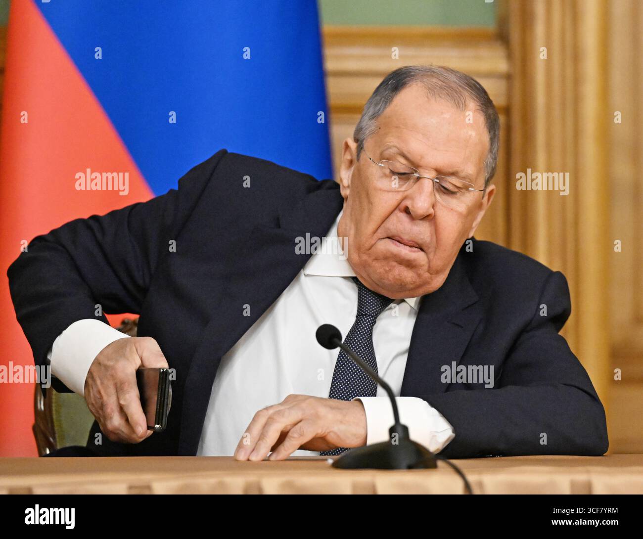 Russian Foreign Minister Sergey Lavrov during a press conference ...