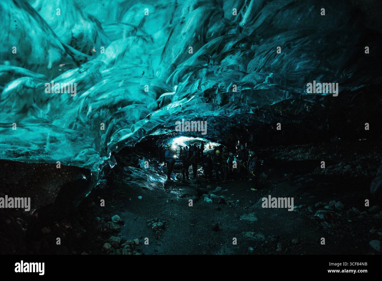 Stunning blue ice cave formations inside a glacier in Iceland, showing ...