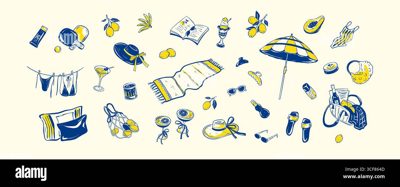 Set of coastal seaside and ocean summer vacation doodle design elements ...