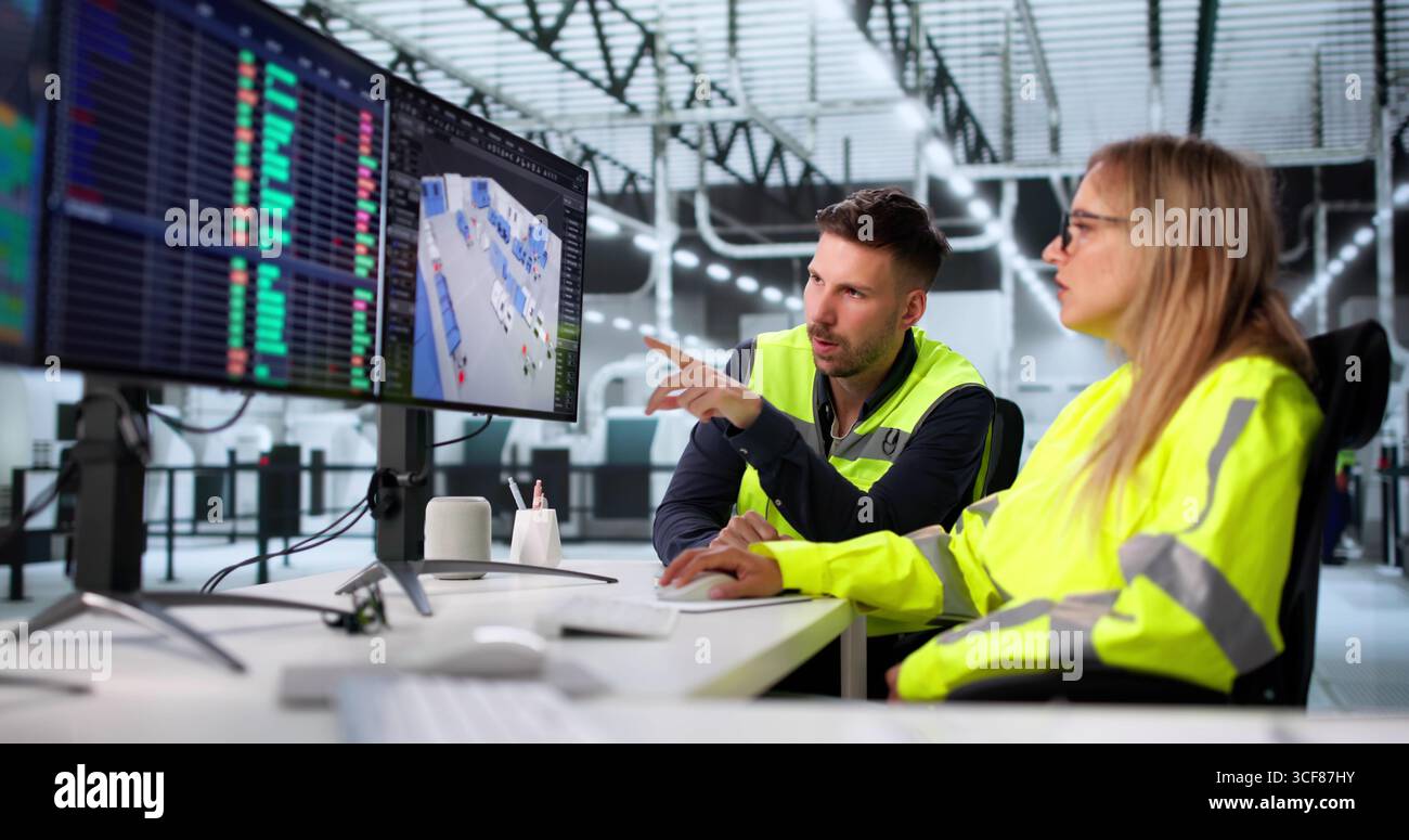Engineer Designing 3D Factory Layout On Desktop PC With Robot Stock ...