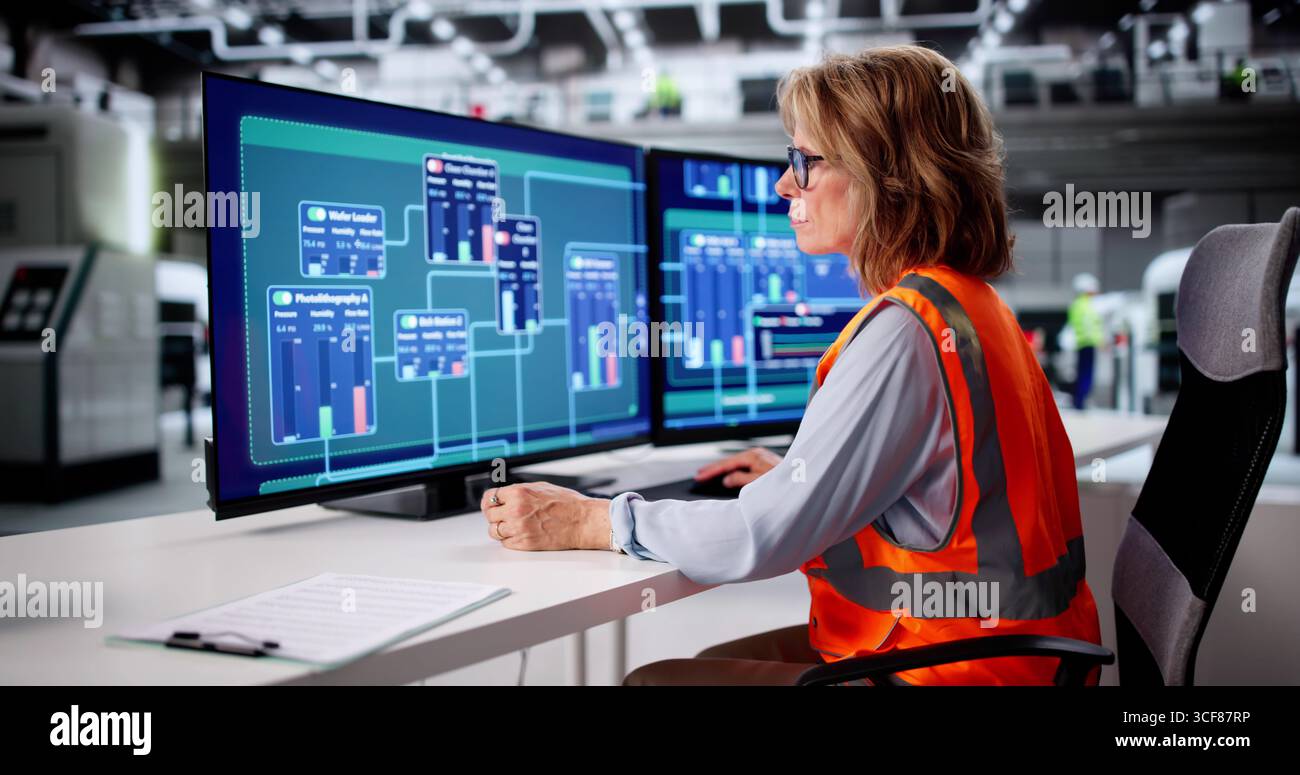 Woman Overseeing Factory Operations Using Advanced Computer Technology ...