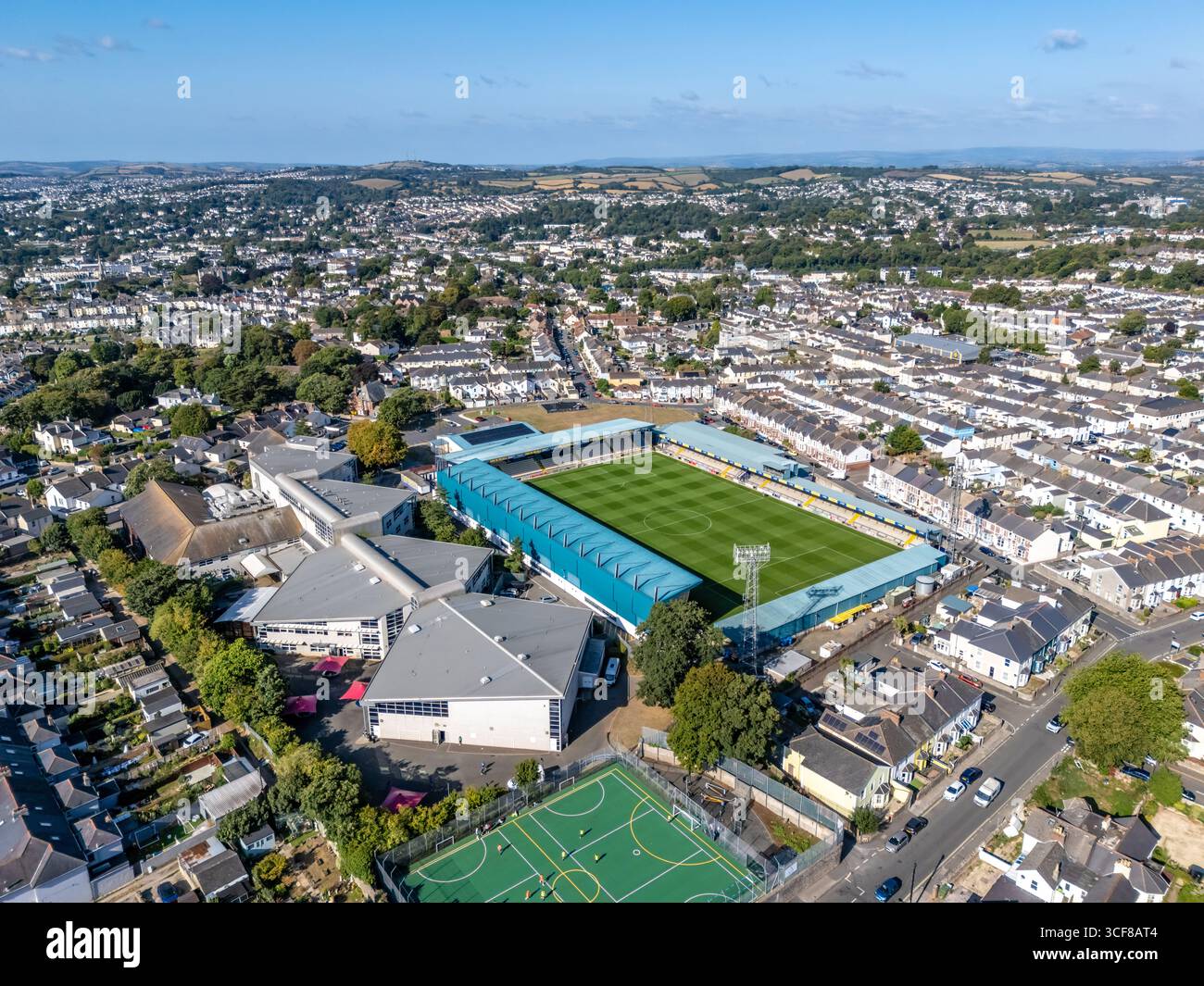 Torquay, Devon, UK. 21 August 2025. Aerial view of Plainmoor, home of ...