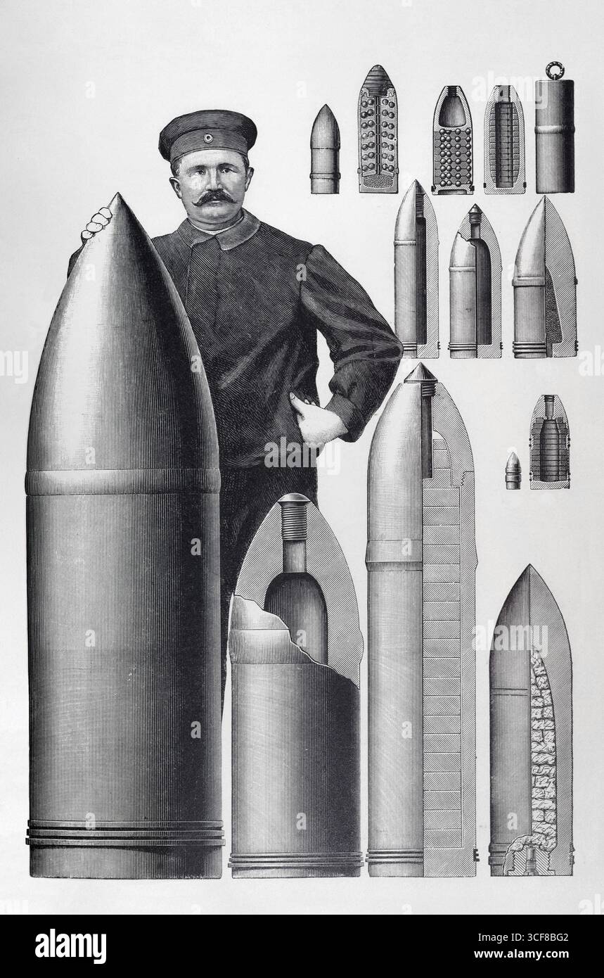 Historical armoured shells of different sizes, next to a soldier for ...