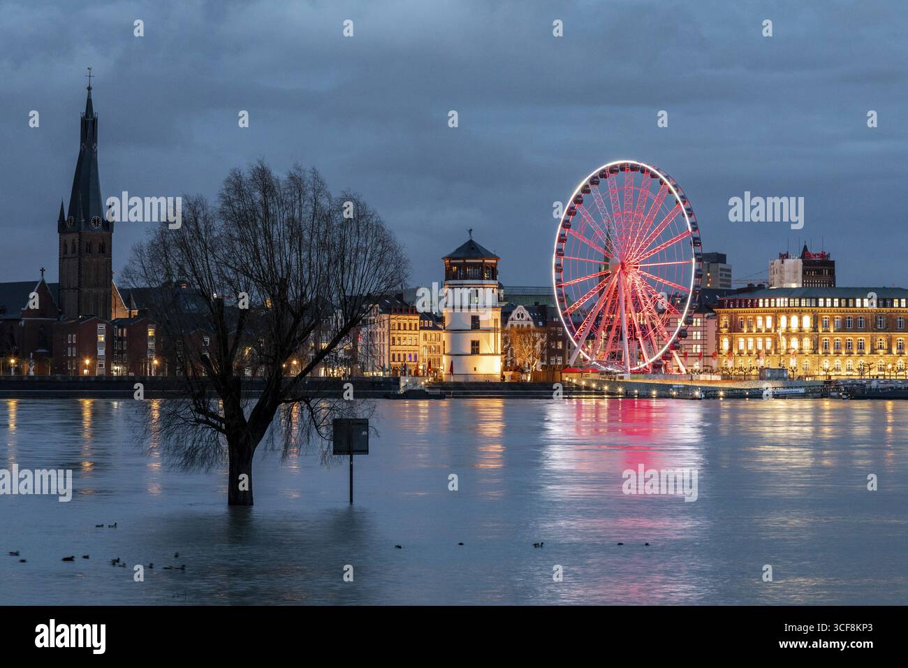 Rhine, Rhine level, high water, flooding in Duesseldorf, view of the ...