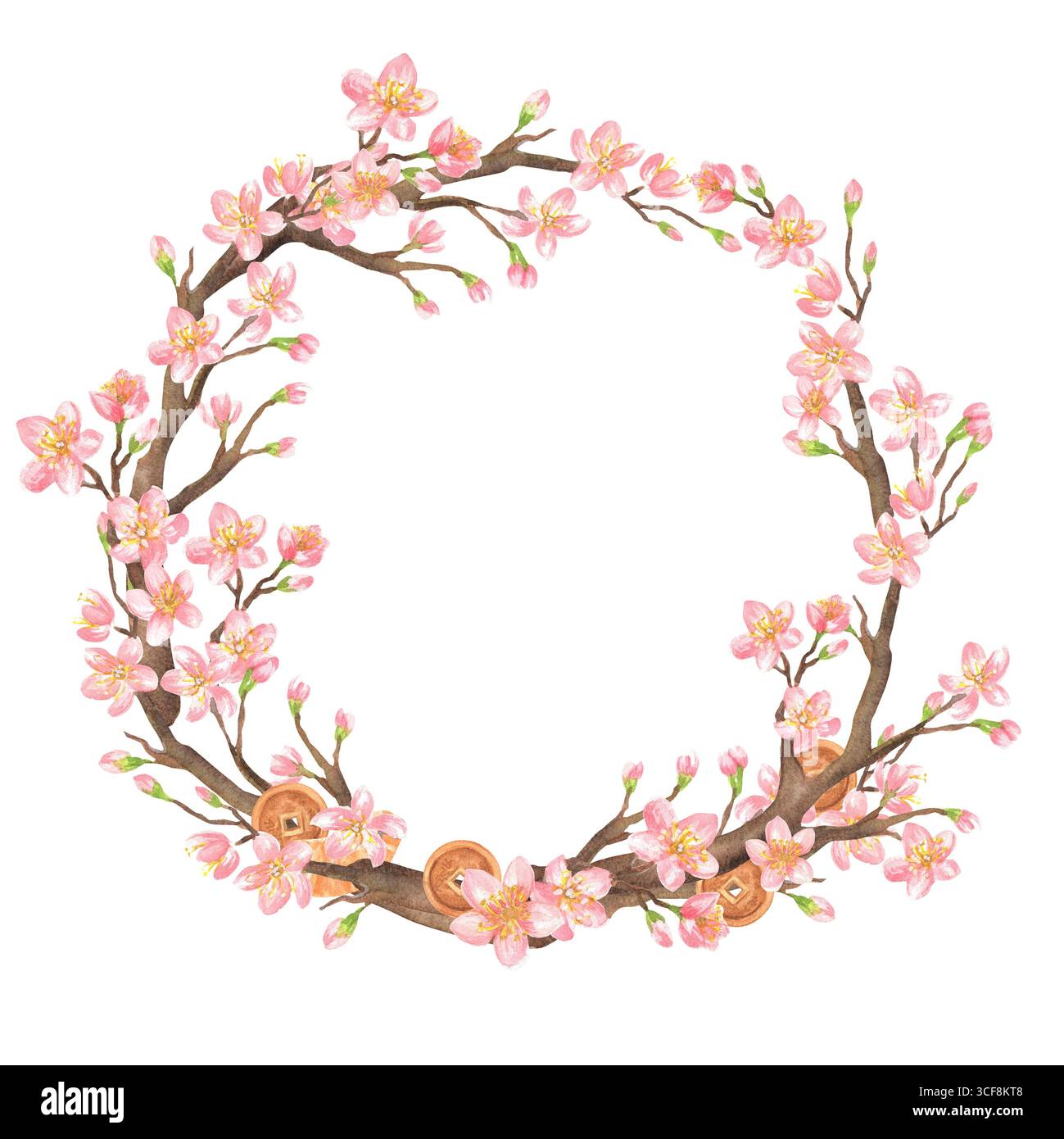 Floral wreath of pink Sakura cherry tree branchlets and Chinese coins ...
