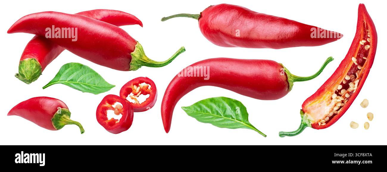 Collection of fresh red hot chilli peppers and chili slices isolated on ...