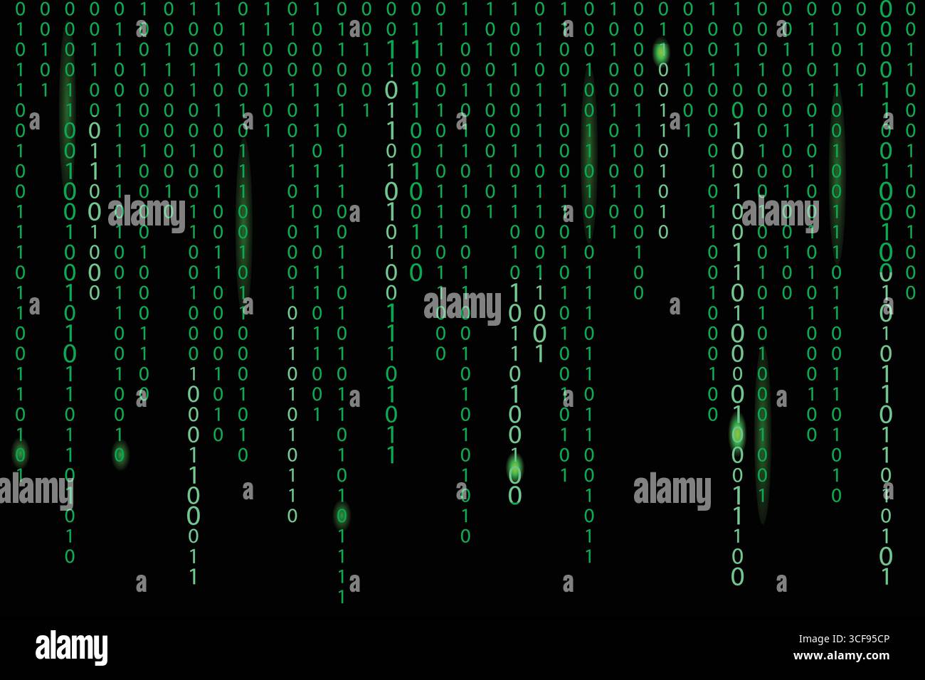 Blue digital binary code streams falling on black background, futuristic cyber matrix style ...