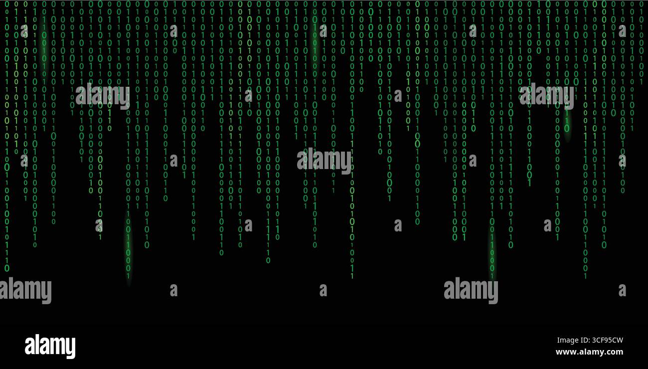 Blue digital binary code streams falling on black background, futuristic cyber matrix style ...