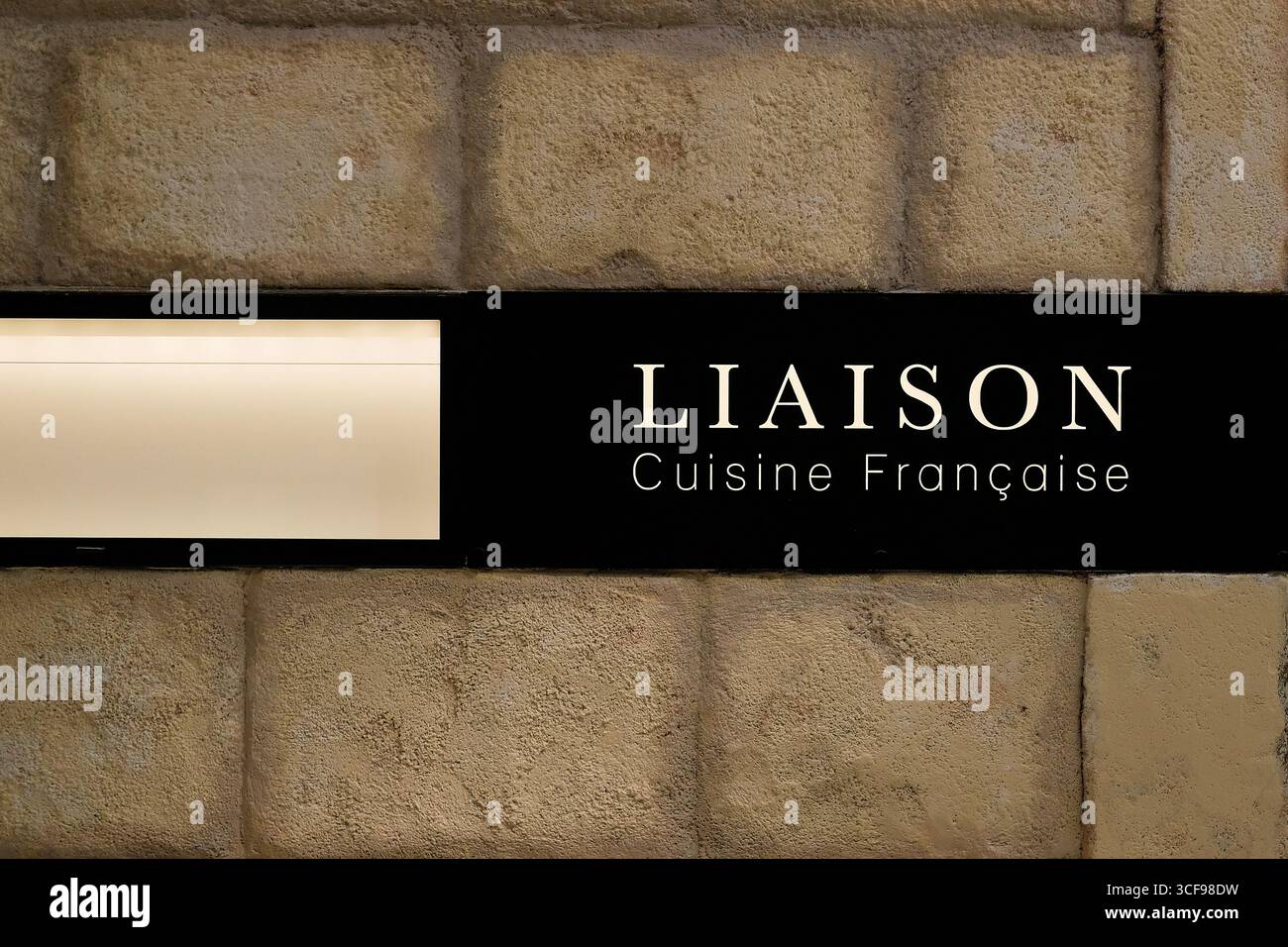 Liaison Cuisine Francaise sign at the French food restaurant in ...