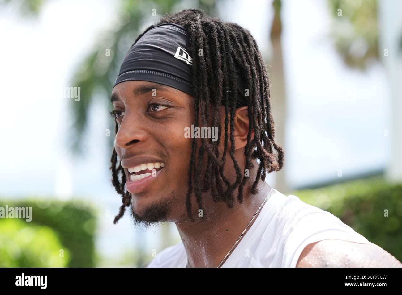 Miami Dolphins running back Ollie Gordon II talks with the news media ...