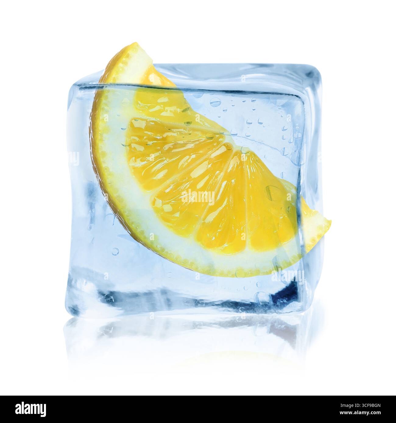 Cut fresh lemon fruit in ice cube isolated on white Stock Photo - Alamy