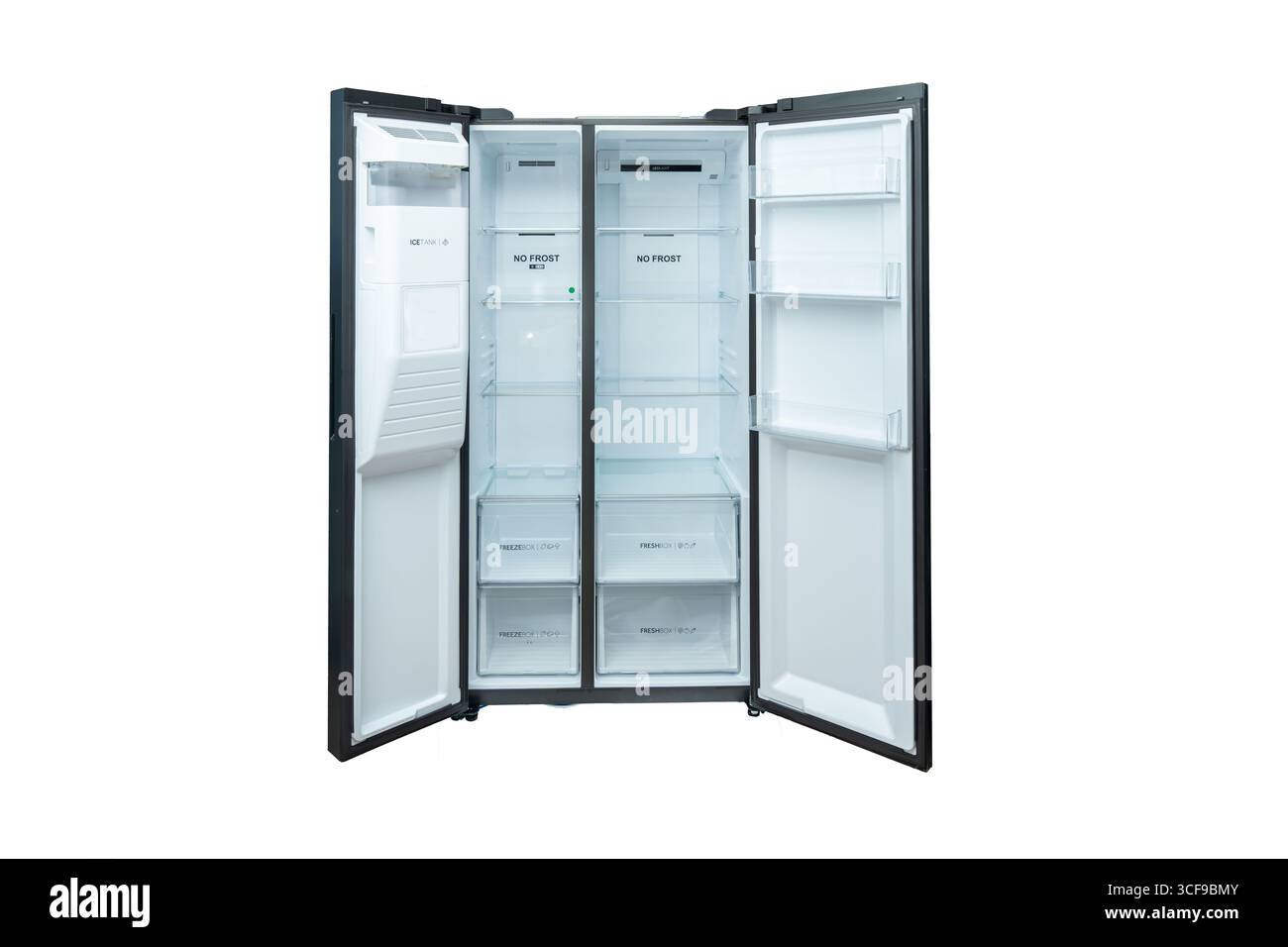 Opened black side-by-side refrigerator with glass compartments and No ...