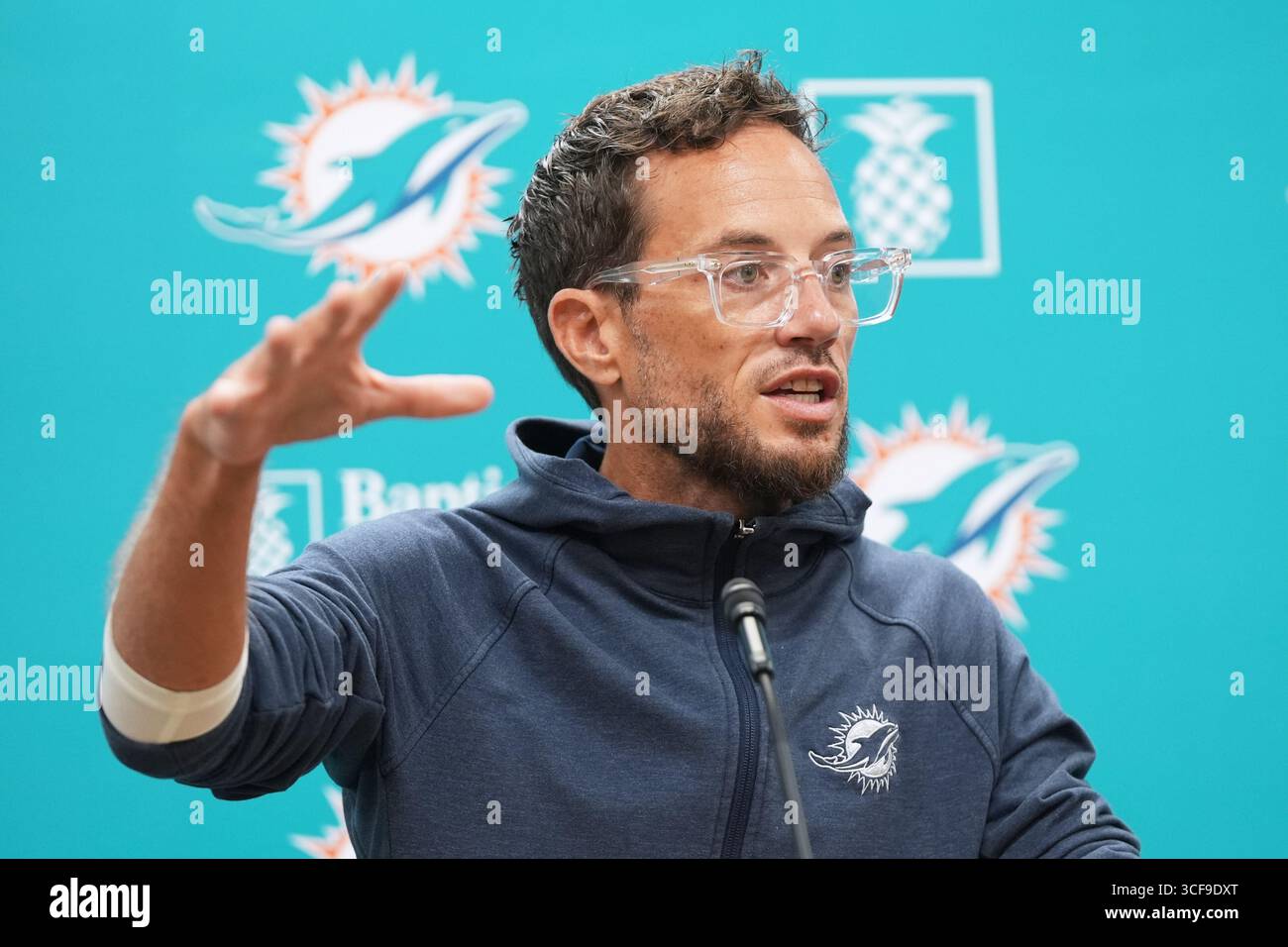 Miami Dolphins head coach Mike McDaniel speaks with the news media ...
