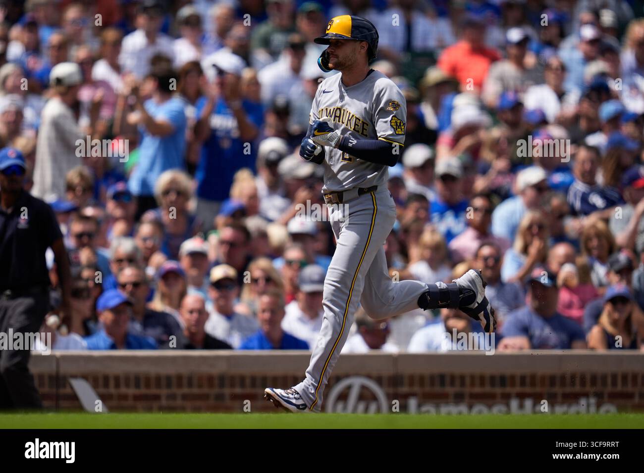 Milwaukee Brewers' Brice Turang (2) runs the bases after hitting a two ...