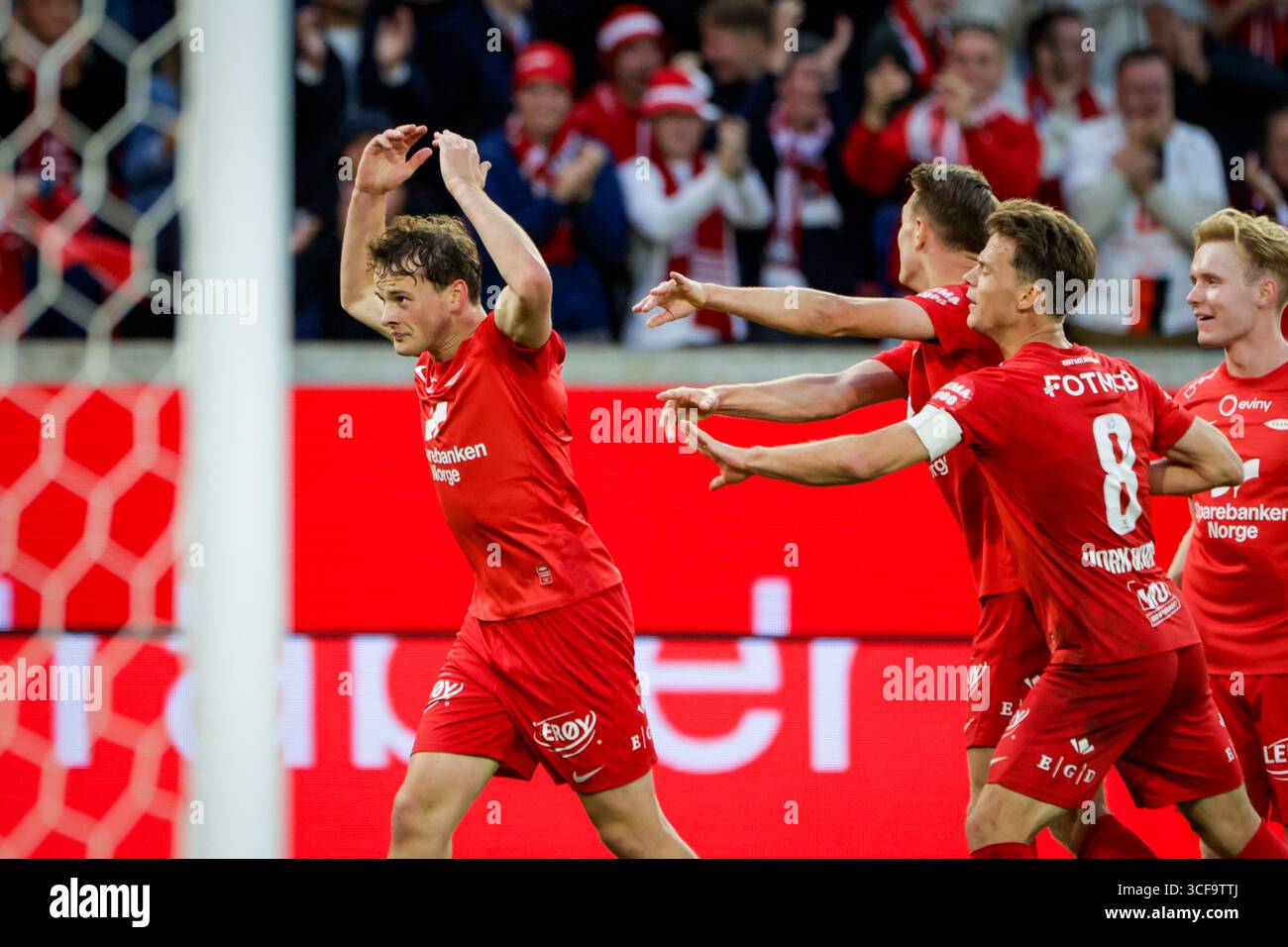Bergen 20250821. Brann's Jonas Torsvik celebrates his 2-1 goal during ...