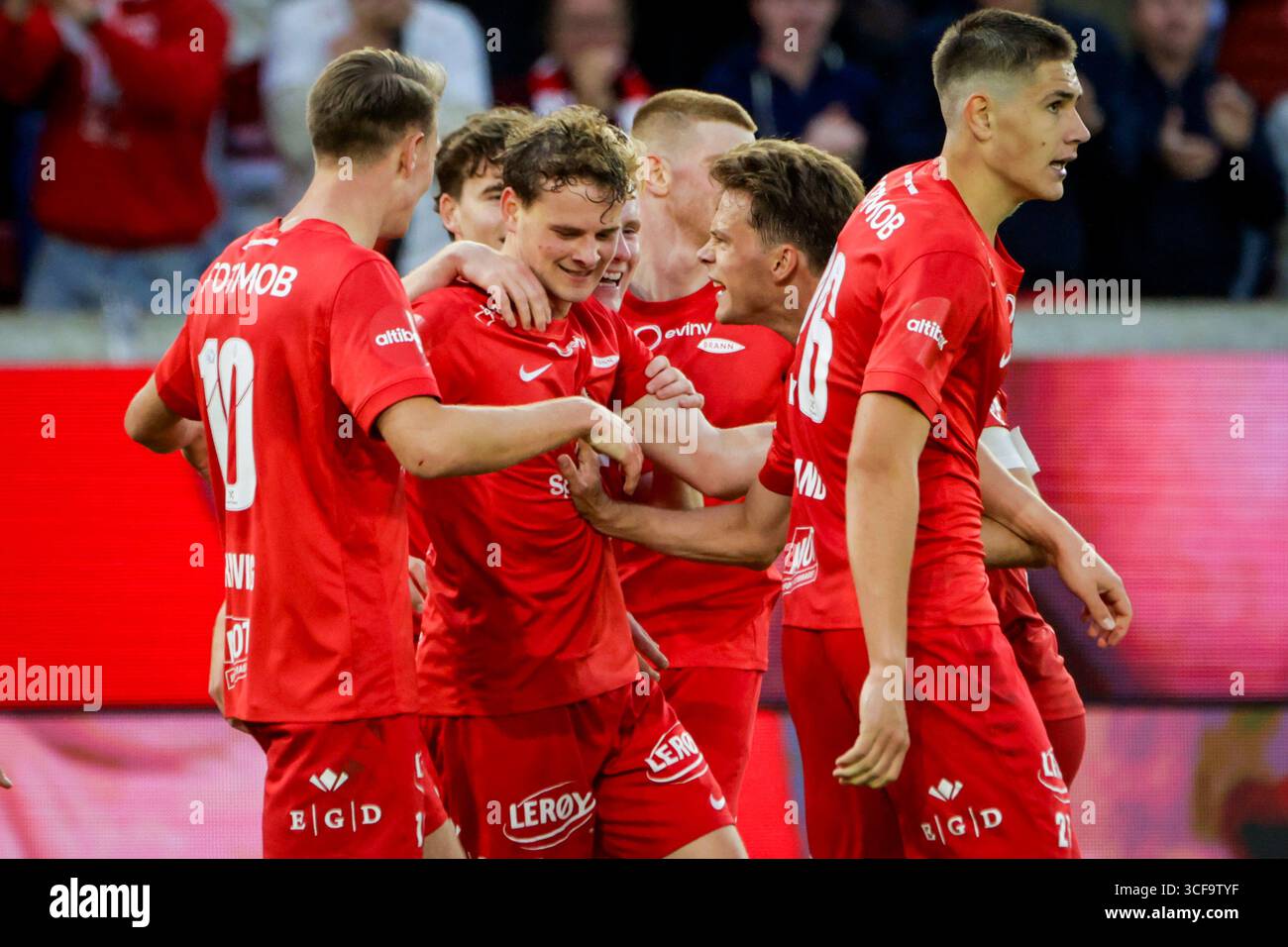 Bergen 20250821. Brann's Jonas Torsvik celebrates his 2-1 goal during ...