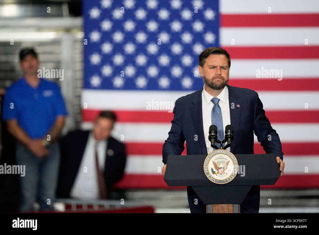 Vice President JD Vance speaks during a visit to ALTA Refrigeration Inc ...