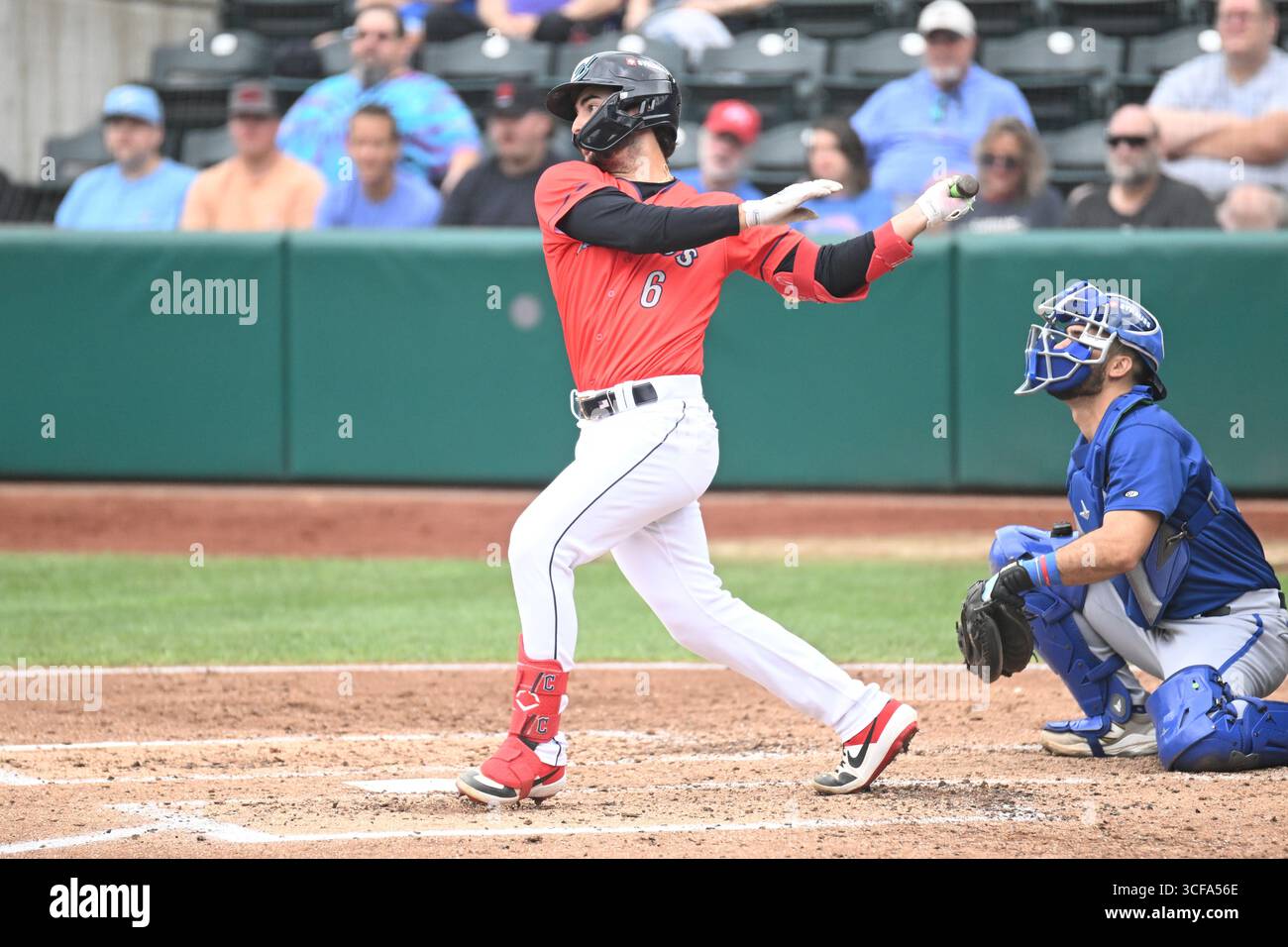 August 21, 2025: Columbus Clippers catcher Kody Huff (6) flies out to ...