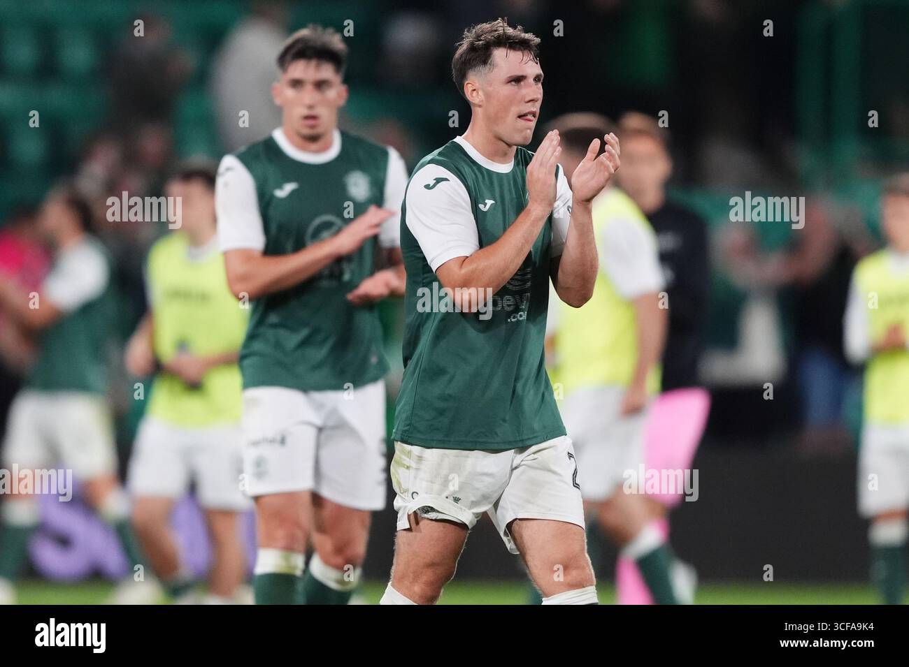 Hibernian's Josh Mulligan applauds the fans after the UEFA Conference ...