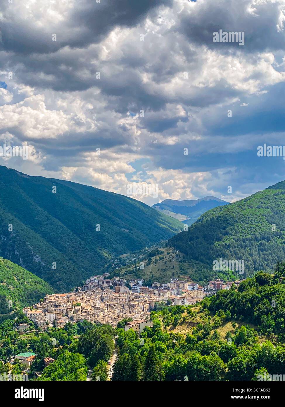 Panoramic landscape revealing Scanno village nestled among verdant ...