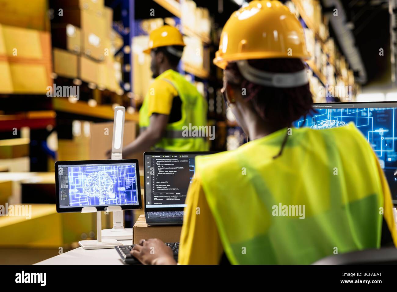 Female warehouse staff overseeing order fulfillment with AI brain ...