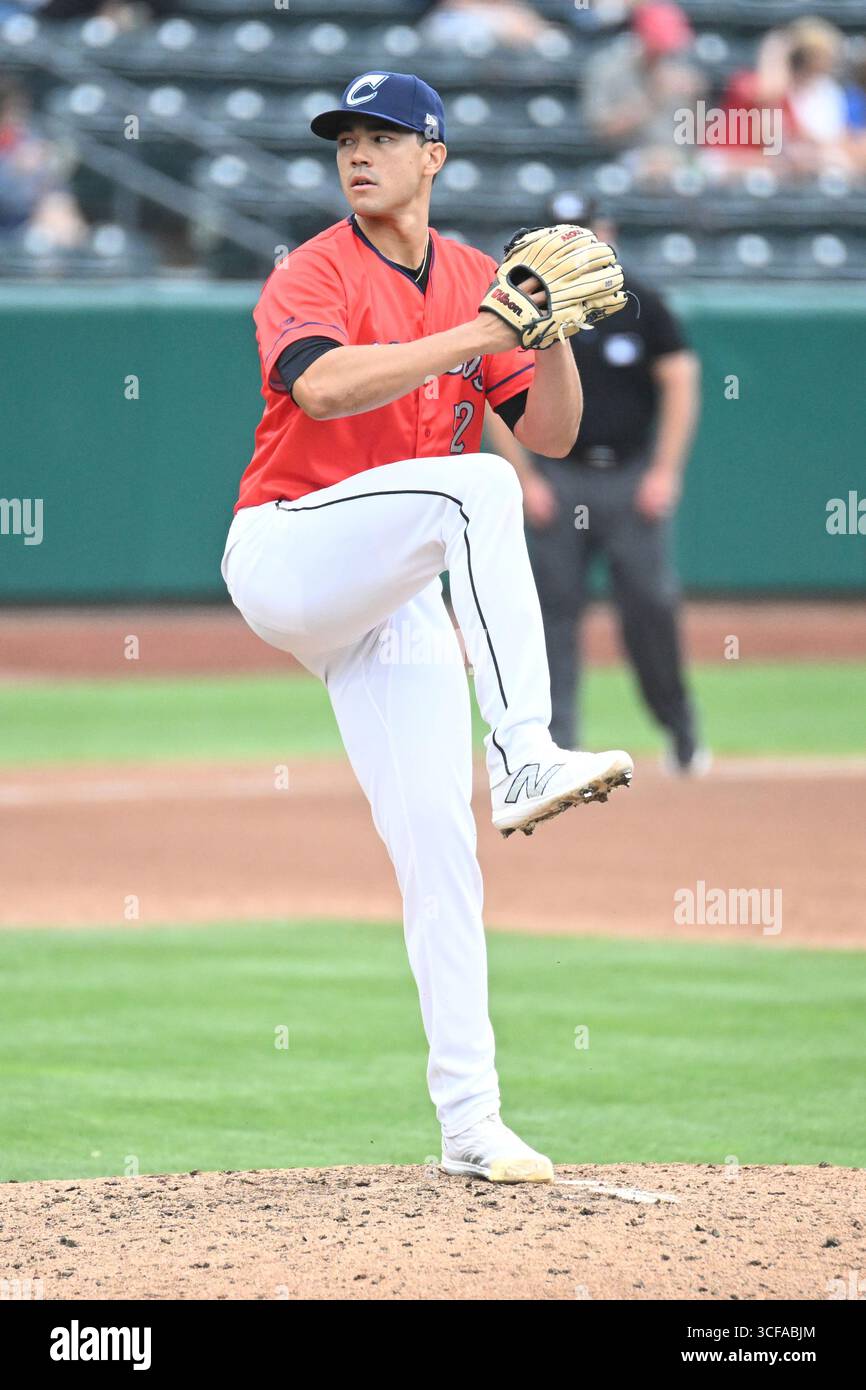 August 21, 2025: Columbus Clippers pitcher Joey Cantillo (52) pitches against the Omaha Storm ...