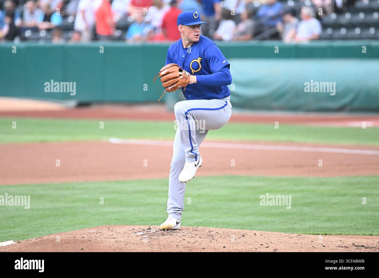 August 21, 2025: Omaha Storm Chasers pitcher Stephen Kolek (33) pitches ...