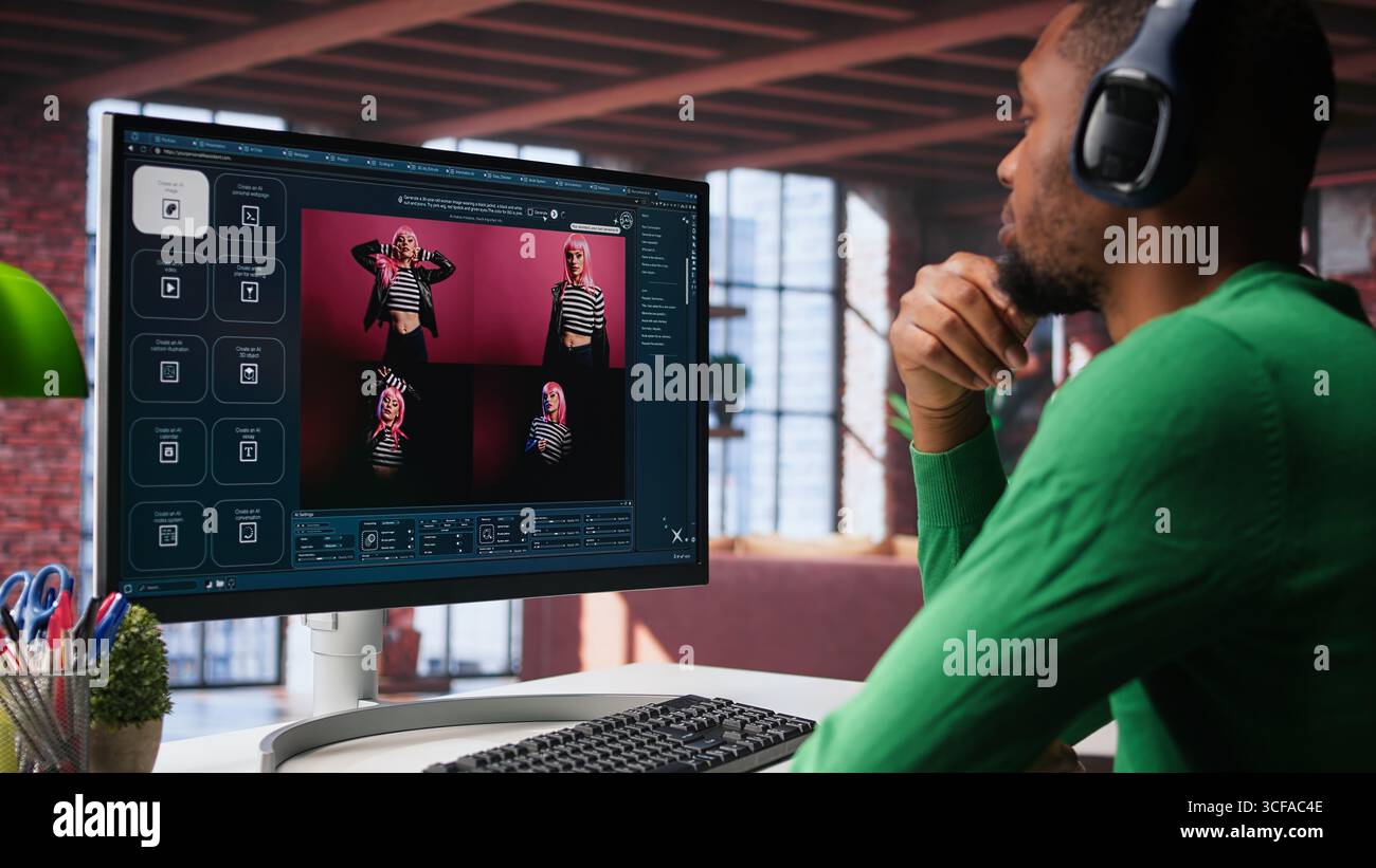 African american user operates generative hi-res stock photography and ...