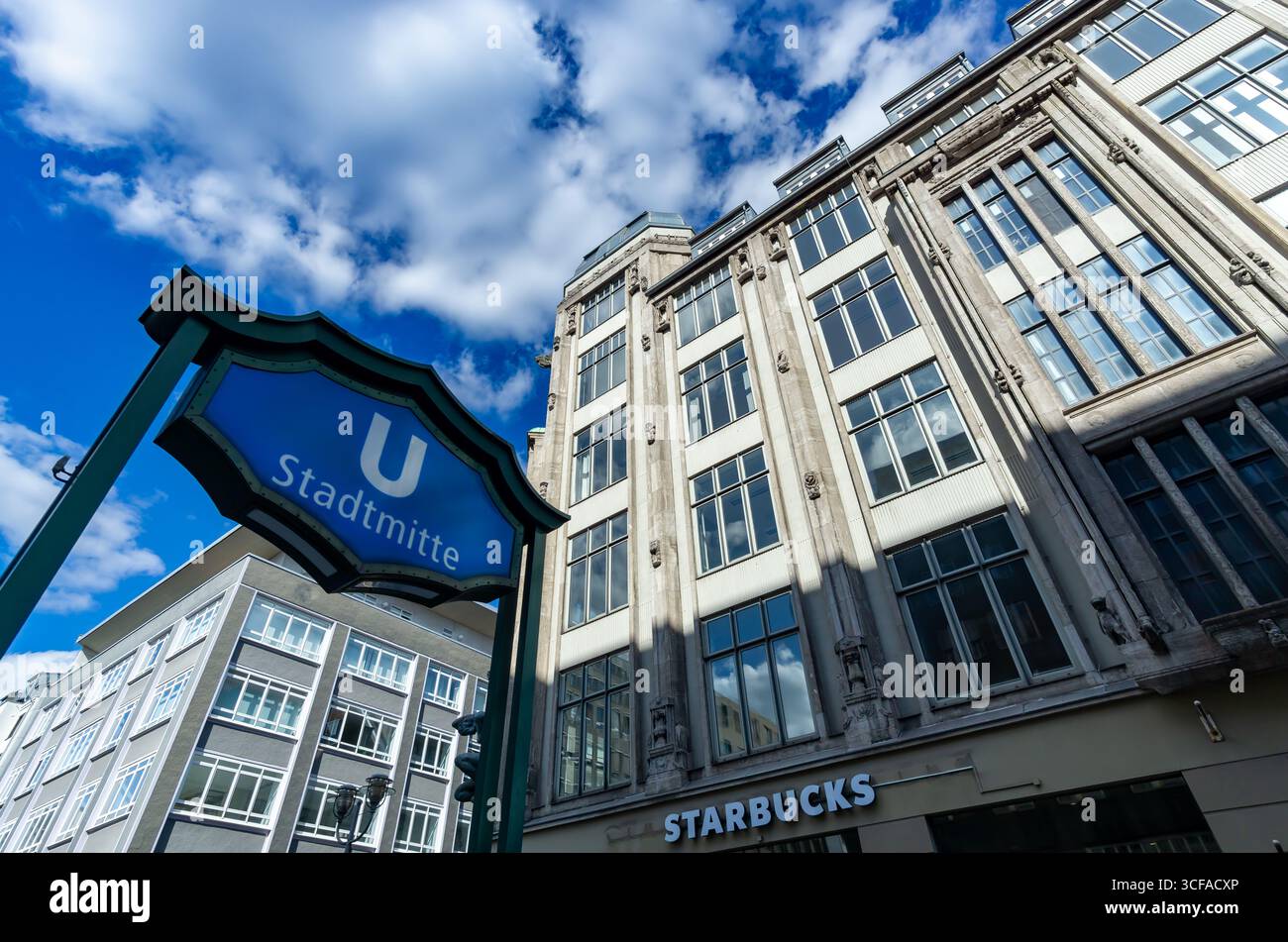 Stadtmitte U-Bahn sign in Berlin Mitte from a low angle with ...