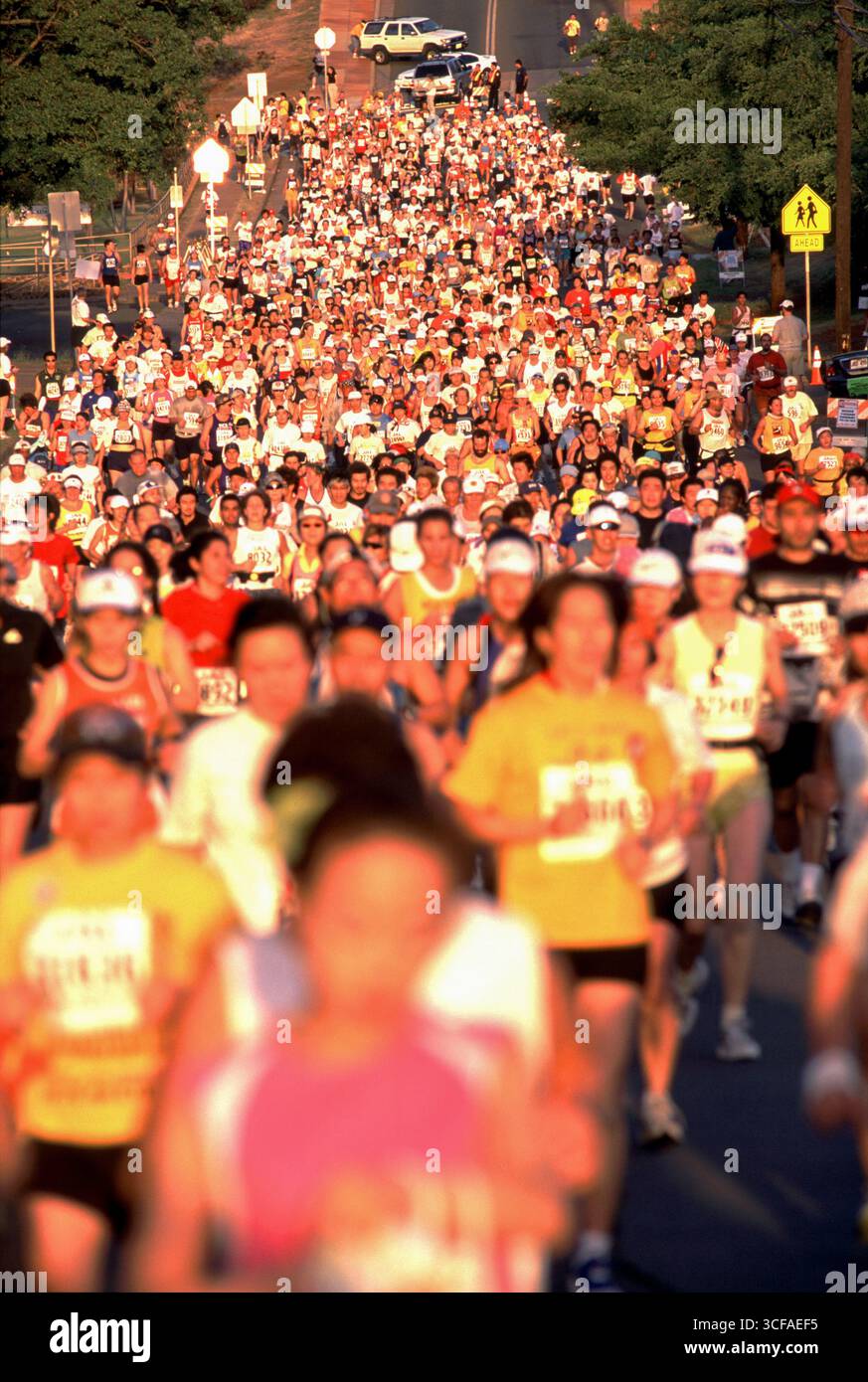 Crowds of people running in the 2002 Honolulu Marathon, Honolulu, Oahu ...