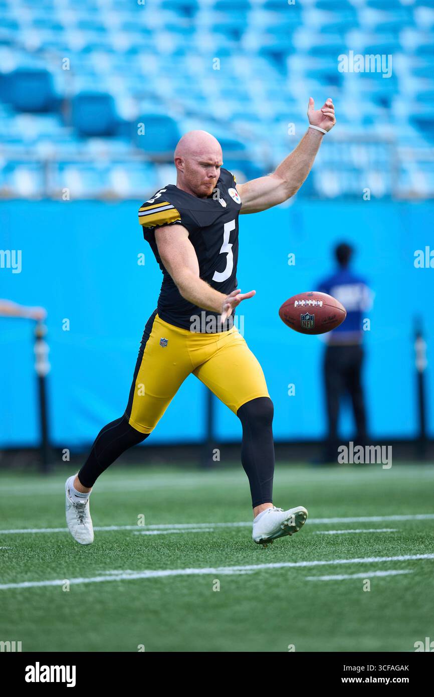 Pittsburgh Steelers punter Cameron Johnston (5) warms up prior to an NFL preseason football game ...