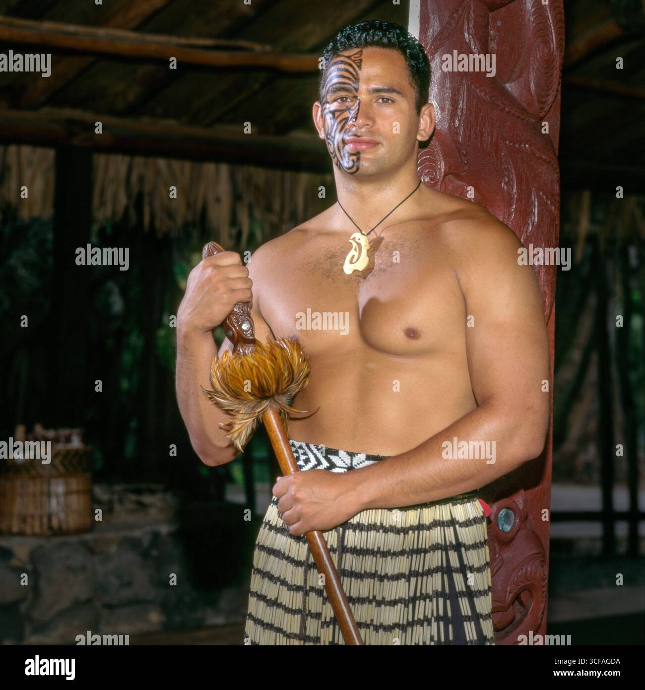 Jared Wihongi, Maori male wearing Piu Piu kilt made from flax leaves ...