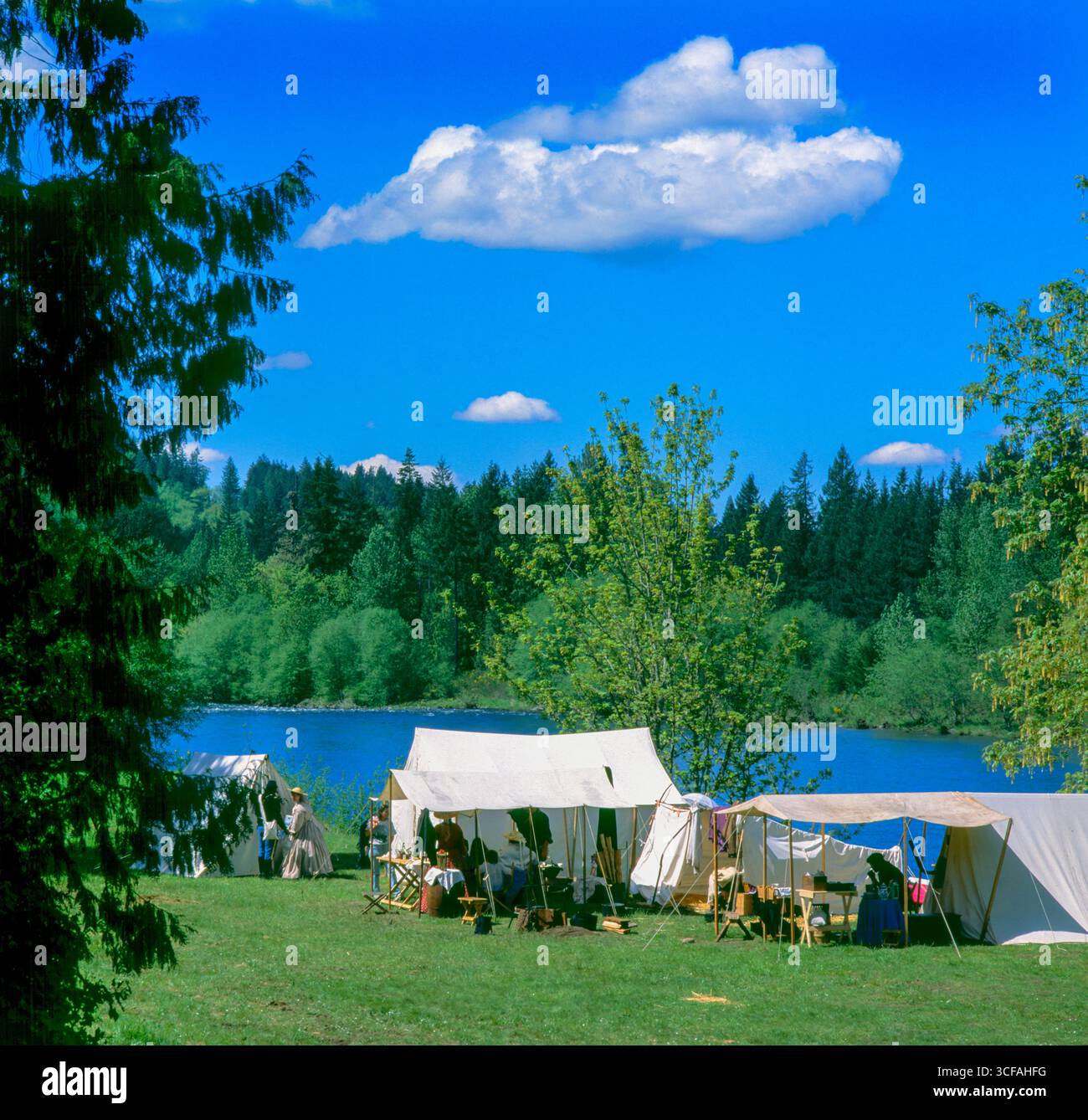 White canvas troop tents in the camp of the South during a Civil War ...