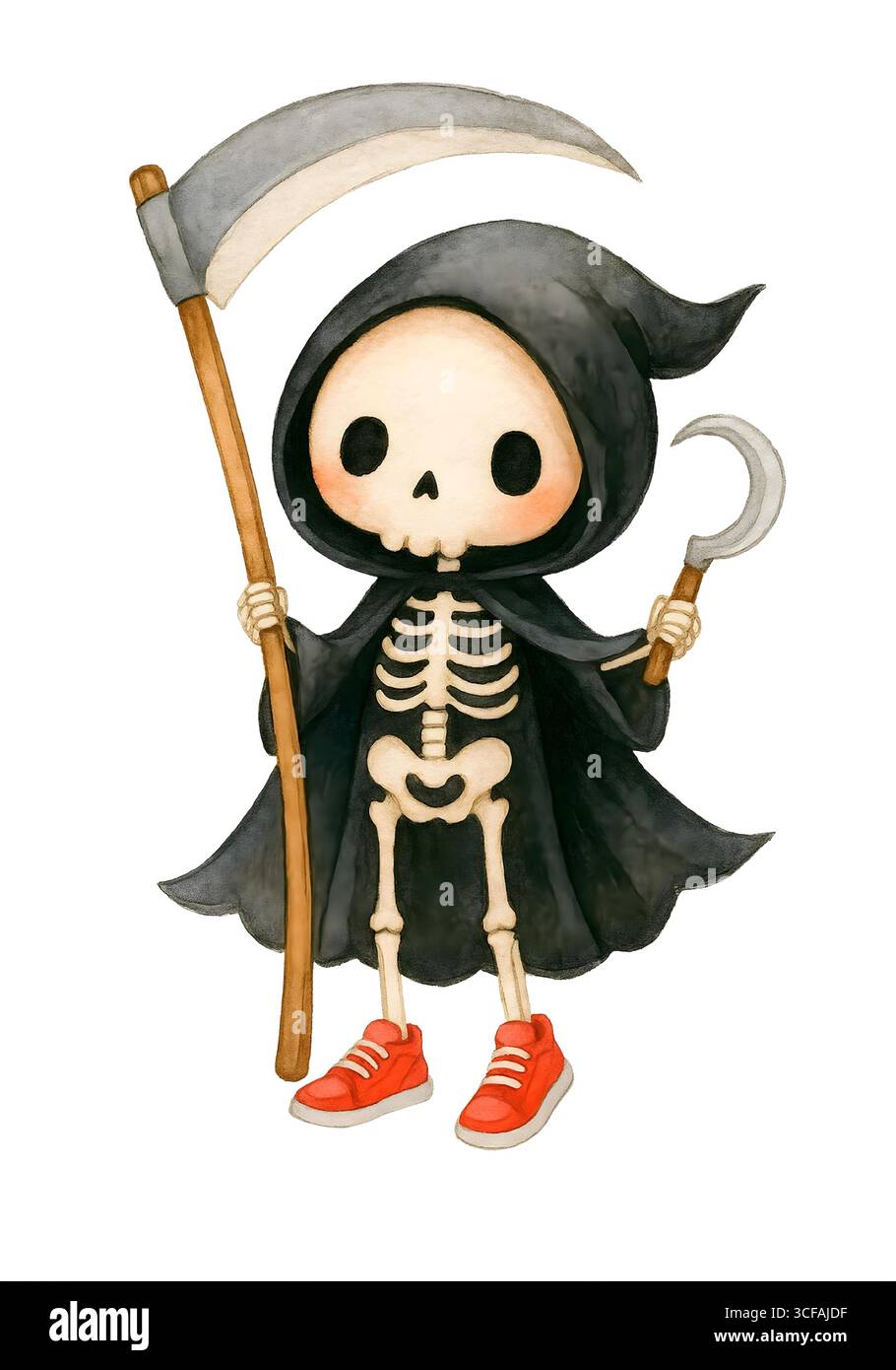 Cute Grim Reaper Watercolor Illustration, Halloween Skeleton Character ...