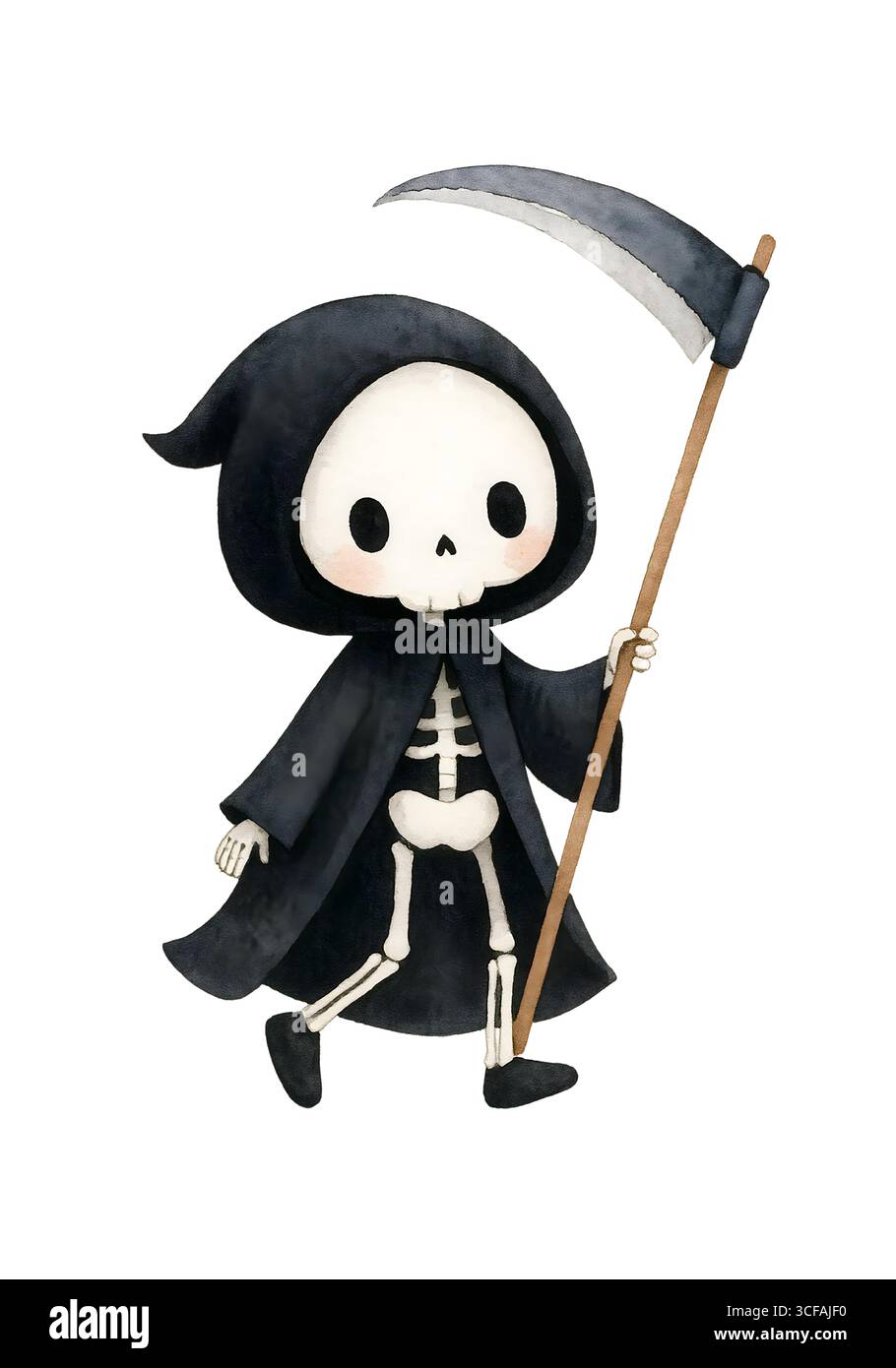 Cute Grim Reaper Watercolor Illustration, Halloween Skeleton Character ...