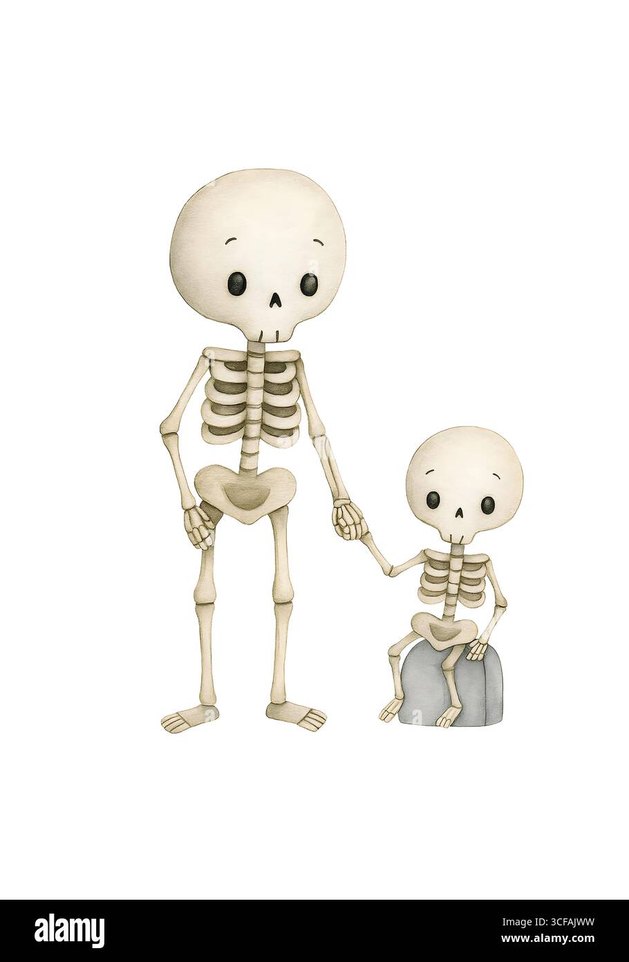 Cute Halloween Skeleton Watercolor Illustration, Spooky Skull Character ...