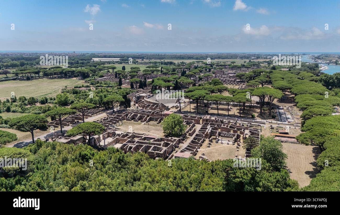 Aerial view on the Roman theatre of Ostia Antica, a large ...