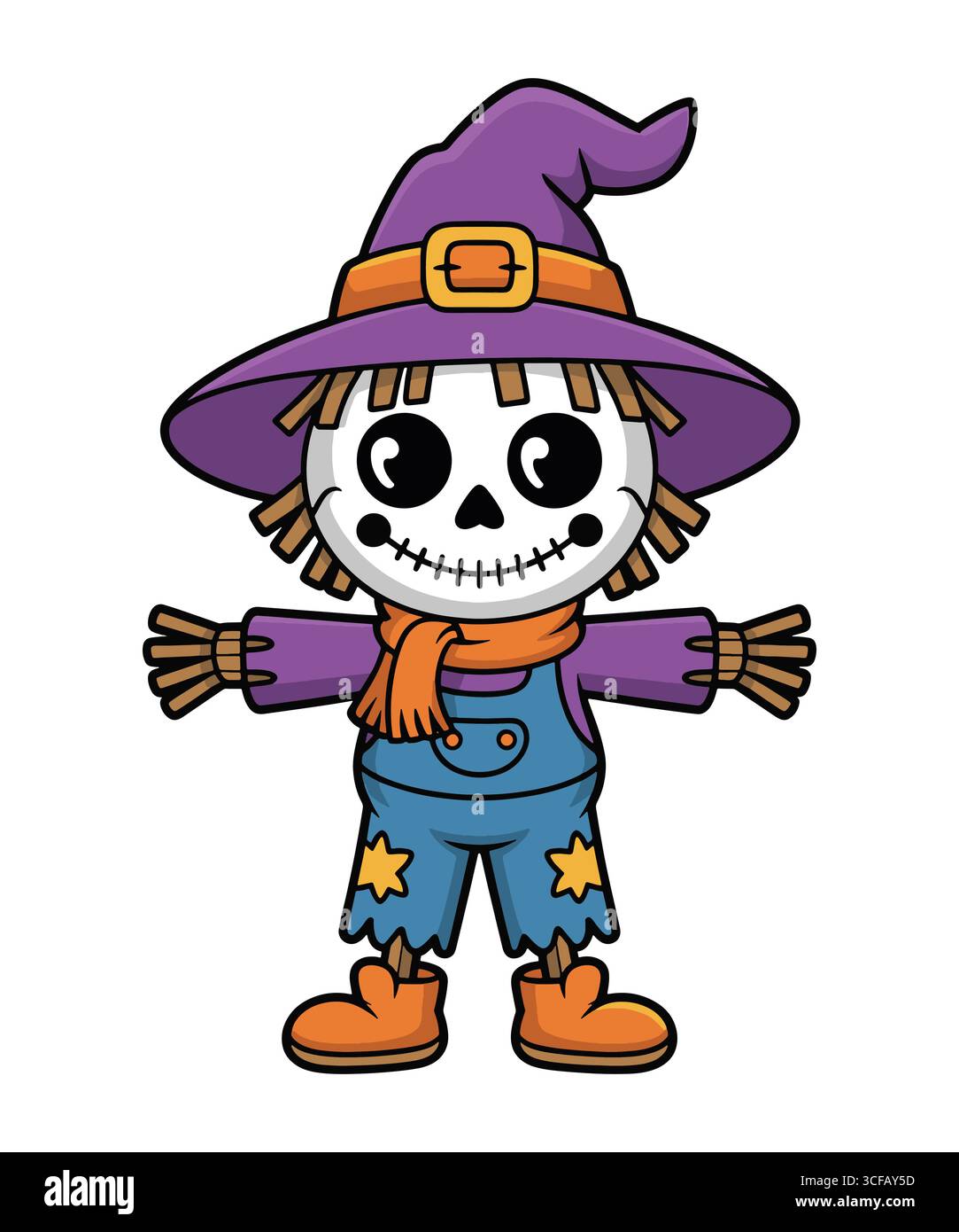Cartoon Skeleton Scarecrow with Witch Hat and Scarf Stock Vector Image ...