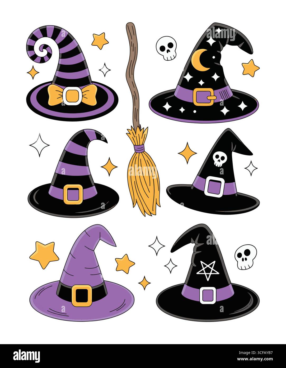 Halloween Witch Hats, Broom, and Skull Decor Stock Vector Image & Art ...