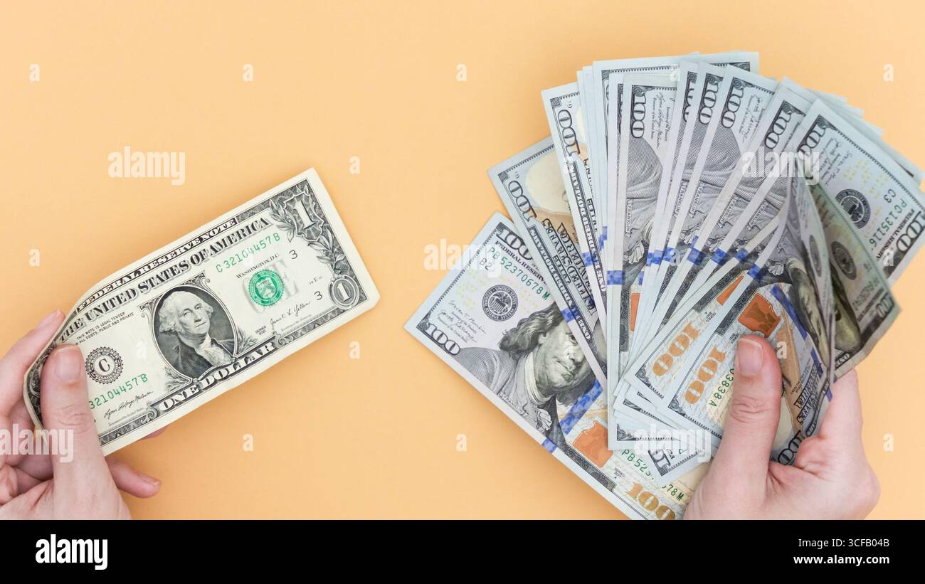 The image depicts a single dollar bill contrasted with a large stack of ...