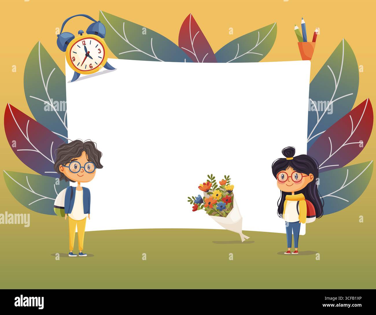 School frame with boy, girl, bouquet and alarm clock Stock Vector Image ...