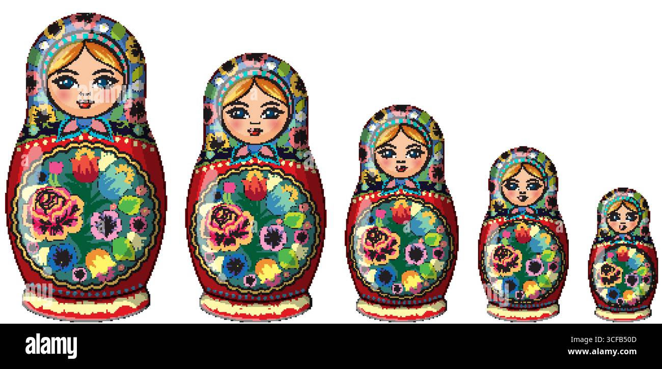 Vector illustration of five colorful Russian matryoshka dolls arranged ...