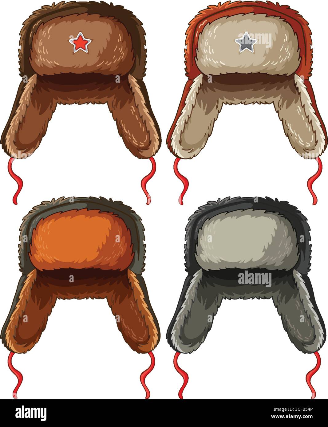 Vector illustration of four ushanka hats in different colors, detailed ...