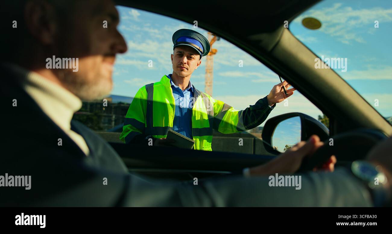 Window, police officer and stop with man in car for sobriety checkpoint ...