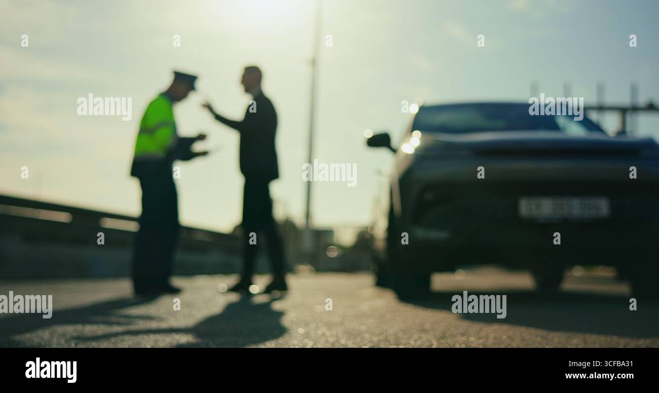 Blur, police officer and car with man in city for sobriety checkpoint ...