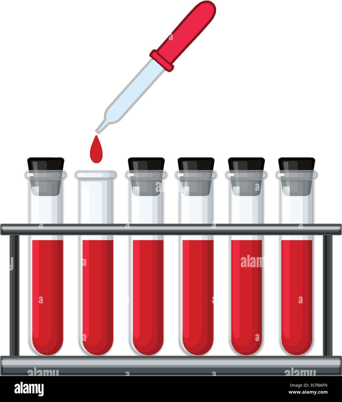 Vector illustration of six blood-filled test tubes in a rack, with a ...