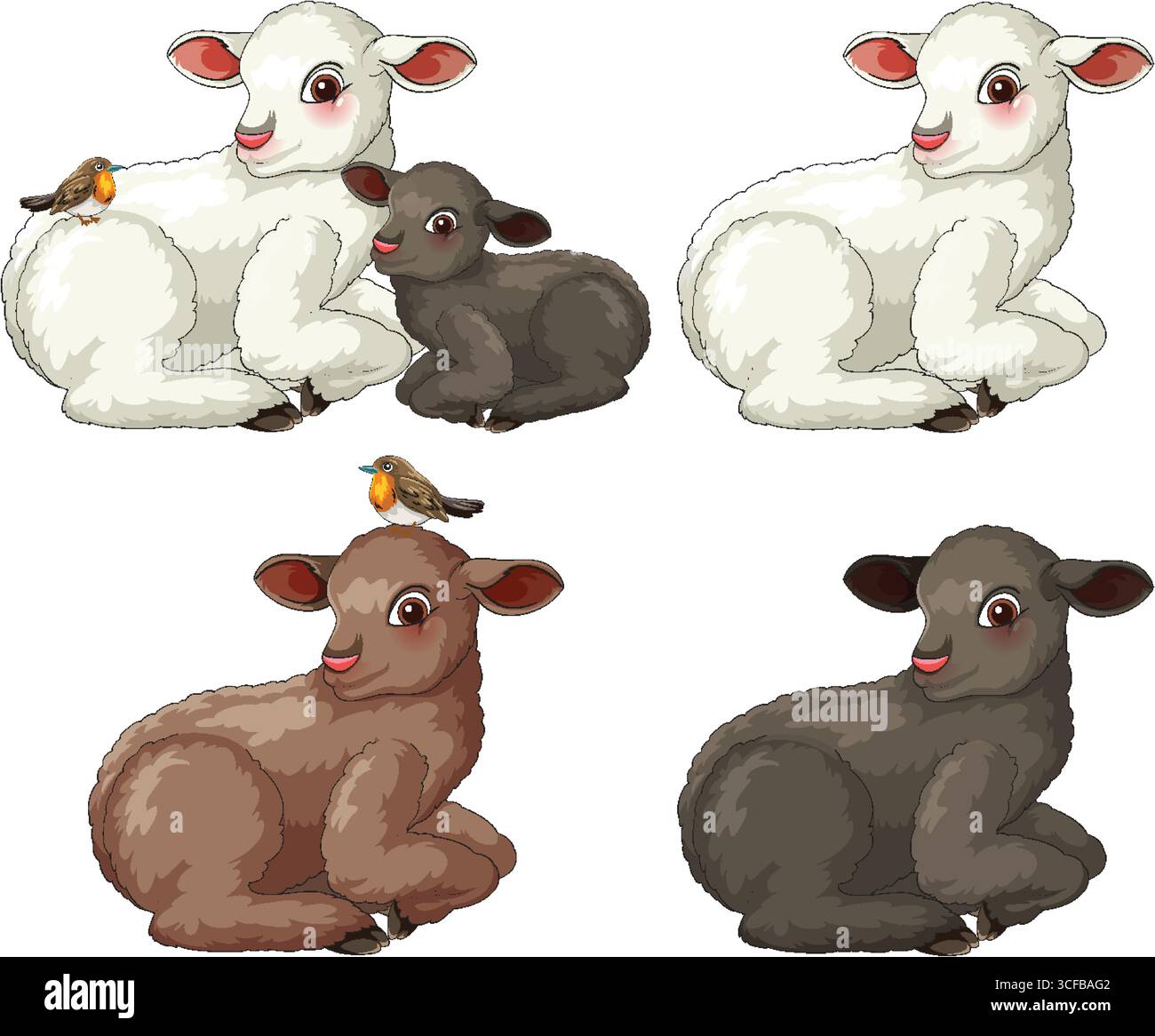 Four cartoon lambs in different colors, some with small birds, rendered ...